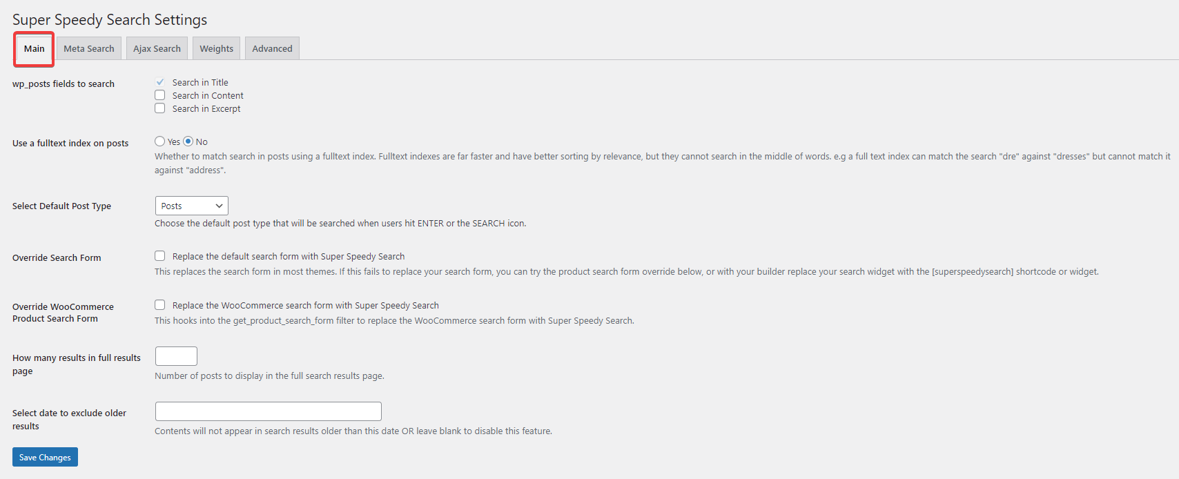 Main Super Speedy Search Settings - Super Speedy Plugins